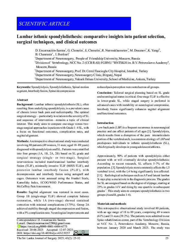 (PDF) Lumbar isthmic spondylolisthesis: comparative insights into ...
