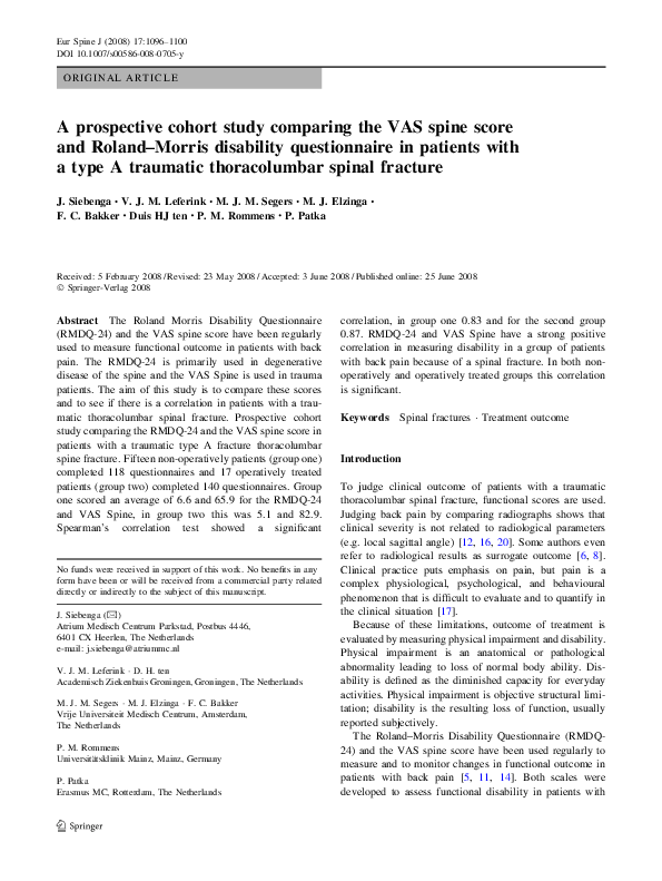 (PDF) A prospective cohort study comparing the VAS spine score and ...
