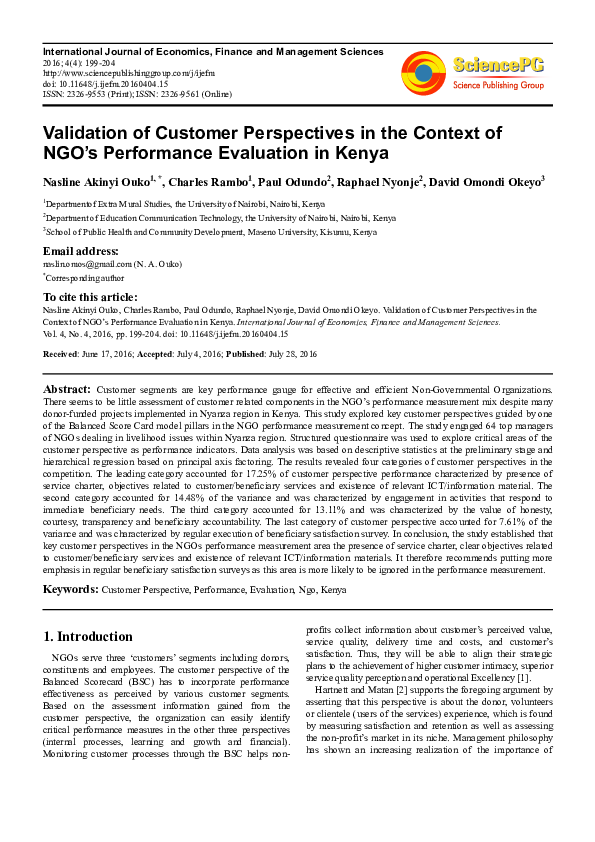 (PDF) Validation of Customer Perspectives in the Context of NGO’s Performance Evaluation in Kenya