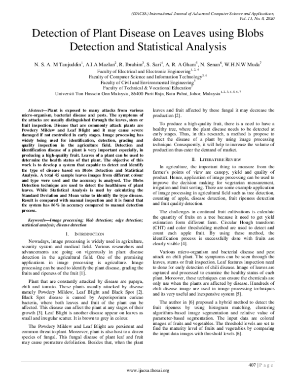 (PDF) Detection of Plant Disease on Leaves using Blobs Detection and ...