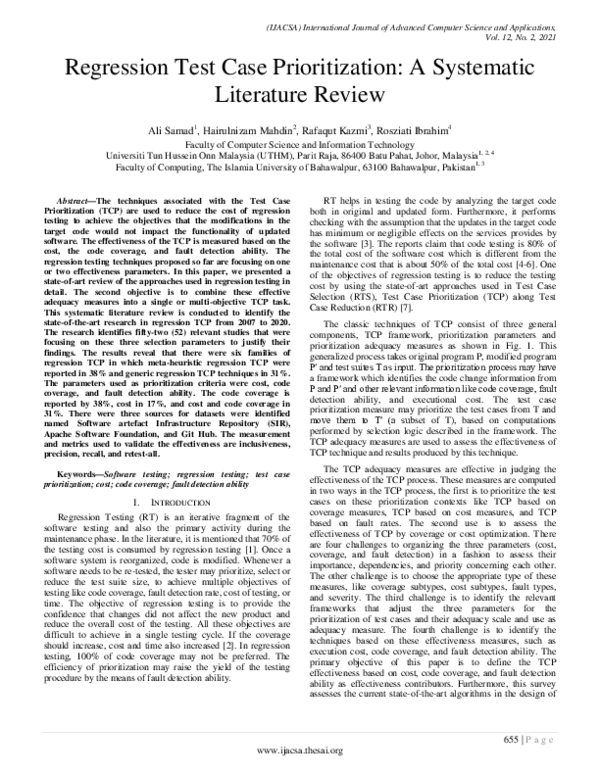 Pdf Regression Test Case Prioritization A Systematic Literature Review