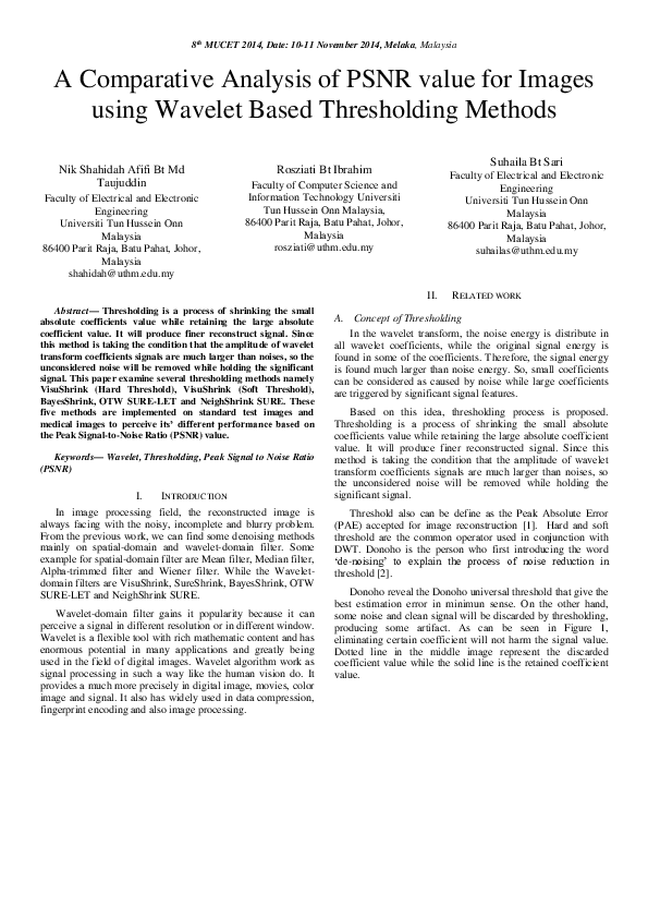 (PDF) A Comparative Analysis of PSNR value for Images using Wavelet Based Thresholding Methods