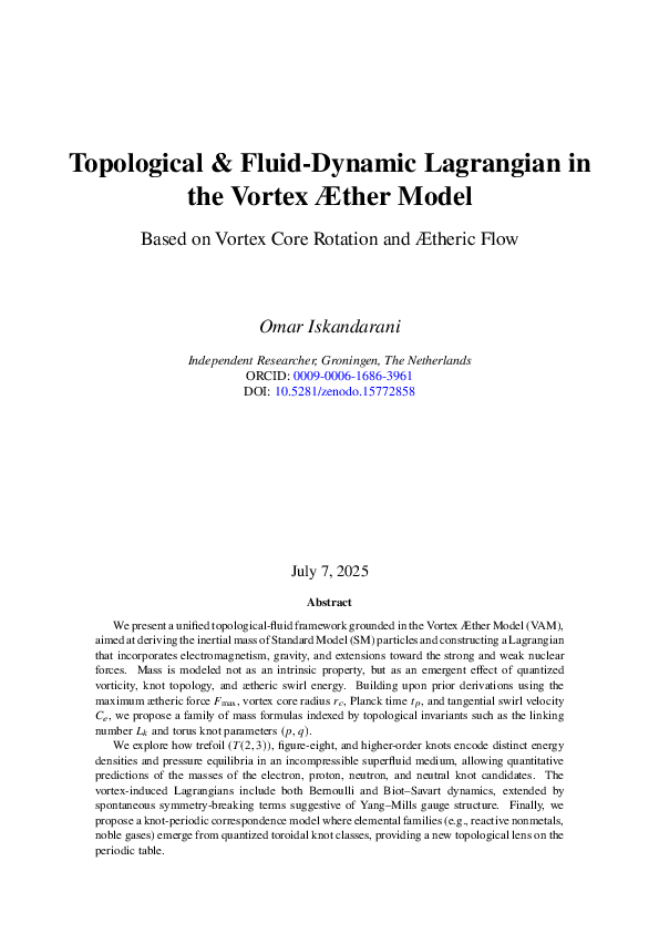 (PDF) Topological & Fluid-Dynamic Lagrangian in the Vortex Æther Model Based on Vortex Core ...