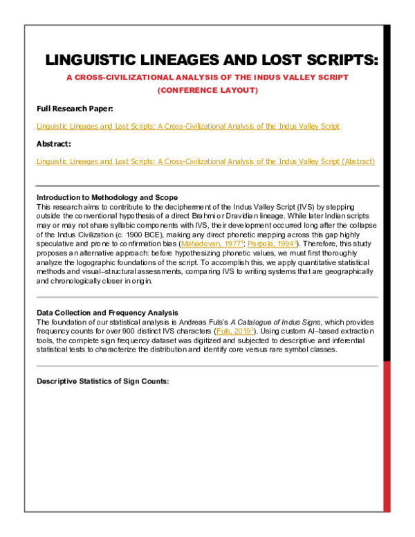 (PDF) LINGUISTIC LINEAGES AND LOST SCRIPTS: A CROSS-CIVILIZATIONAL ANALYSIS OF THE INDUS VALLEY ...