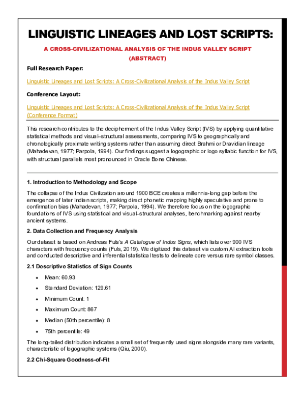 (PDF) LINGUISTIC LINEAGES AND LOST SCRIPTS A CROSS CIVILIZATIONAL ANALYSIS OF THE INDUS VALLEY ...