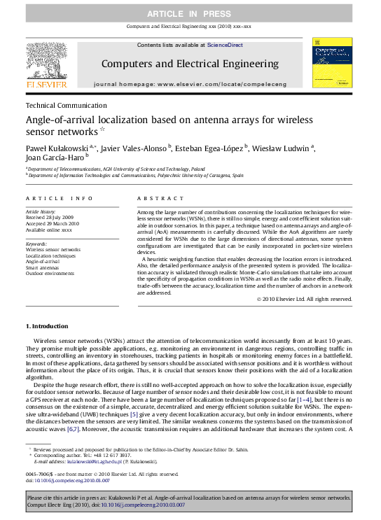 (PDF) Angle-of-arrival localization based on antenna arrays for wireless sensor networks