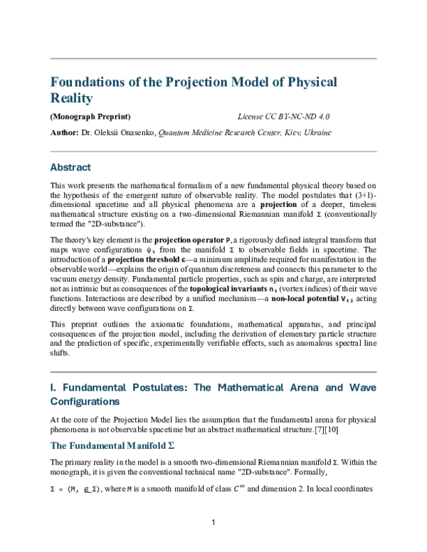 (PDF) Foundations of the Projection Model of Physical Reality