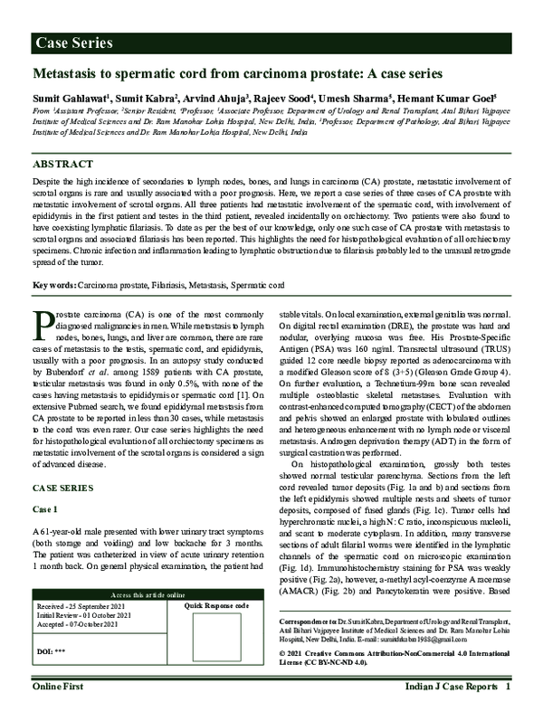 (PDF) Metastasis to spermatic cord from carcinoma prostate: A case series