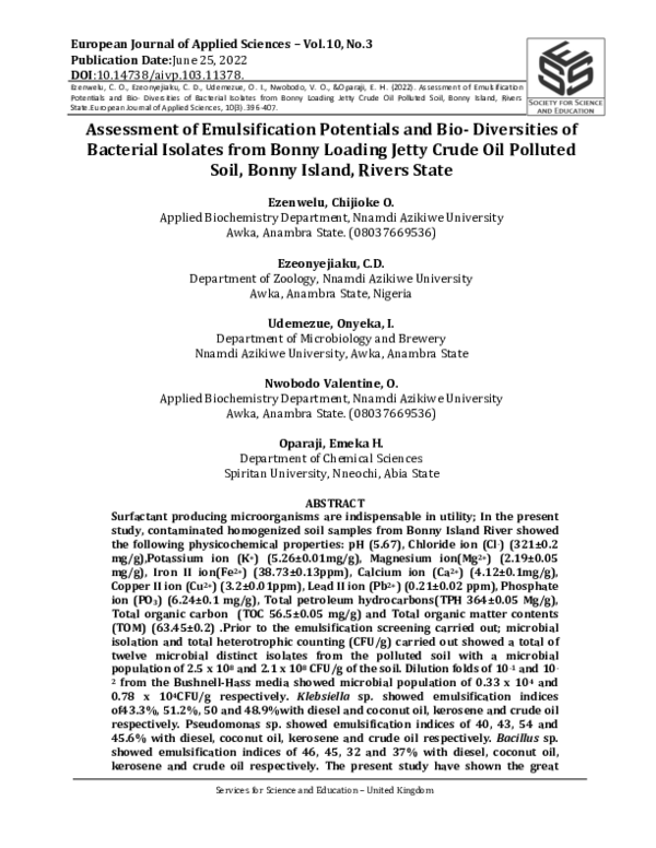 (PDF) Assessment of Emulsification Potentials and Bio-Diversities of ...
