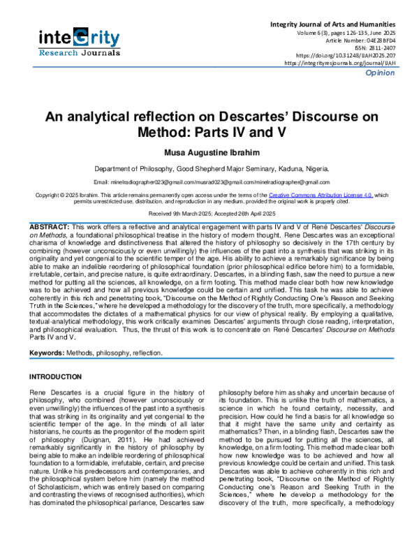 (PDF) An analytical reflection on Descartes' Discourse on Method: Parts ...