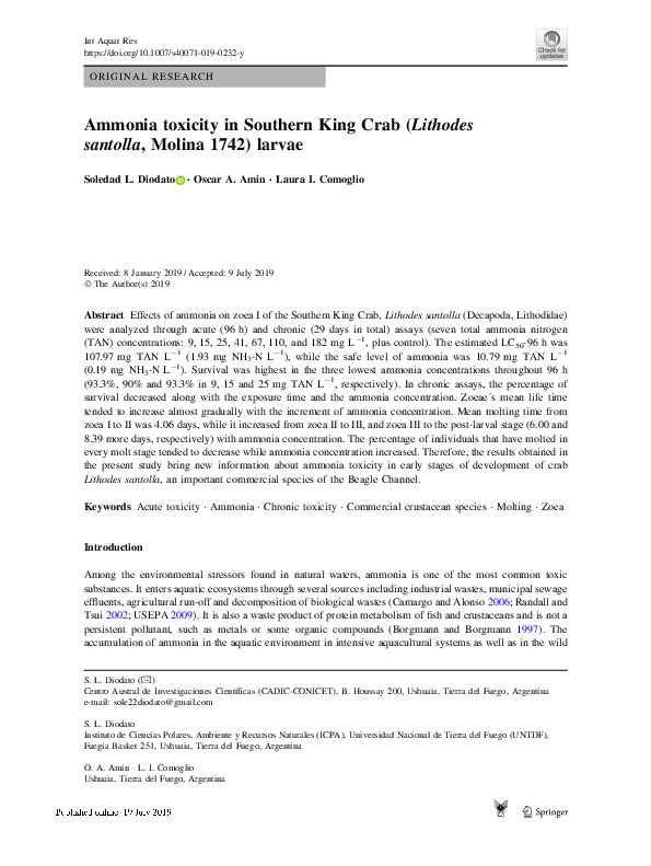 (PDF) Ammonia toxicity in Southern King Crab (Lithodes santolla, Molina ...