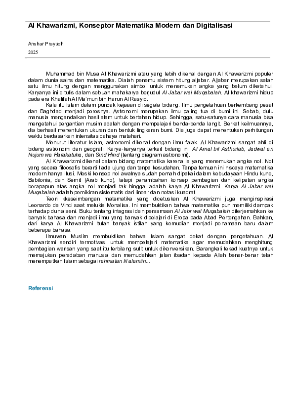(PDF) Al Khawarizmi, Konseptor Matematika Modern dan Digitalisasi