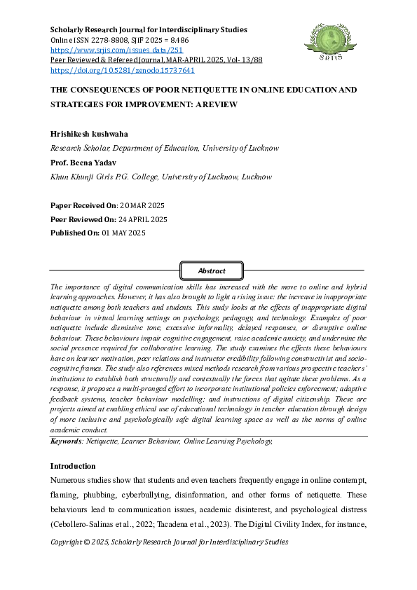 (PDF) THE CONSEQUENCES OF POOR NETIQUETTE IN ONLINE EDUCATION AND ...