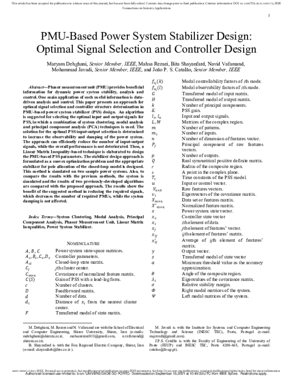 (PDF) PMU-Based Power System Stabilizer Design: Optimal Signal ...