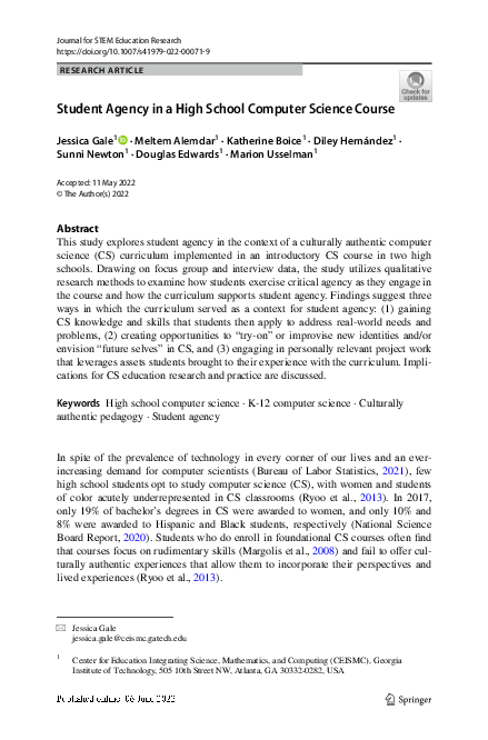 (PDF) Student Agency in a High School Computer Science Course