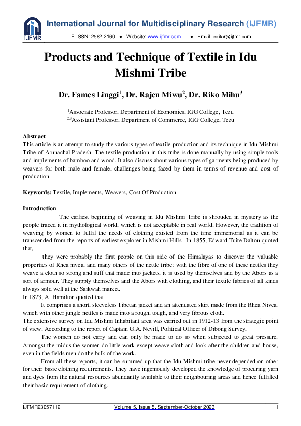 (PDF) Products and Technique of Textile in Idu Mishmi Tribe