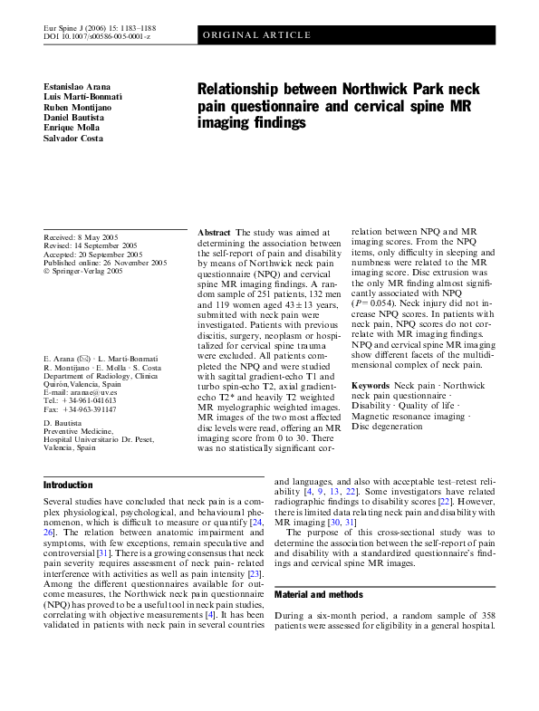 (PDF) Relationship between Northwick Park neck pain questionnaire and ...