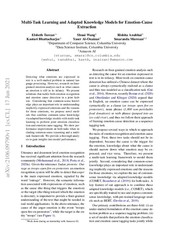 (PDF) Multi-Task Learning and Adapted Knowledge Models for Emotion-Cause Extraction