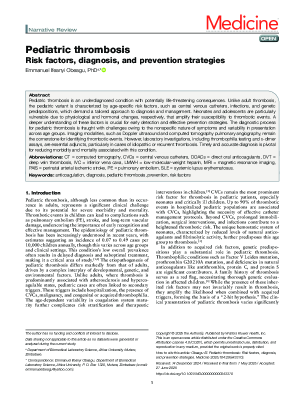 (PDF) Pediatric thrombosis: Risk factors, diagnosis, and prevention strategies