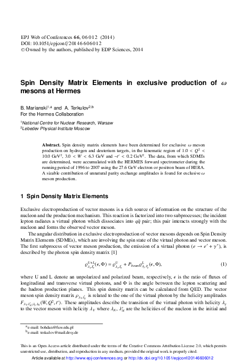 (PDF) Spin Density Matrix Elements in exclusive production of ω mesons ...