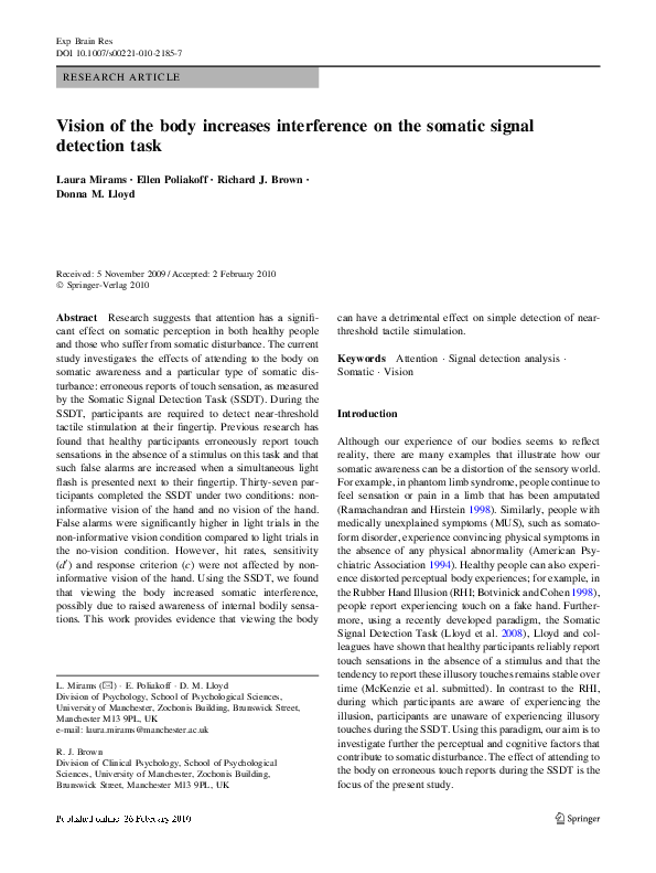 (PDF) Vision of the Body Increases Interference on the Somatic Signal ...