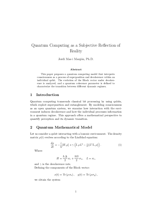 (PDF) Quantum Computing as a Subjective Reflection of Reality