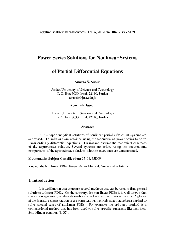 (PDF) Power series solutions for nonlinear systems of partial ...