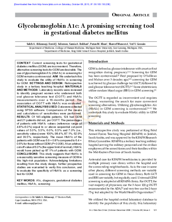 (PDF) Glycohemoglobin A1c: A promising screening tool in gestational ...