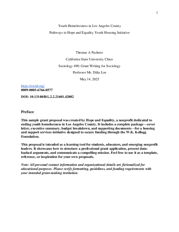 (PDF) Sociology 490 Final Grant Writing Sample Paper