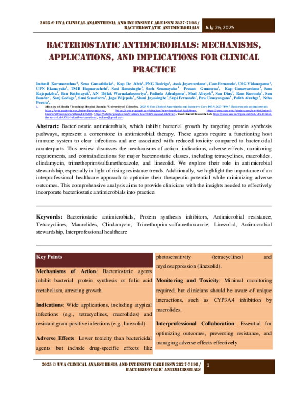 (PDF) Bacteriostatic Antimicrobials: Mechanisms, Applications, and ...