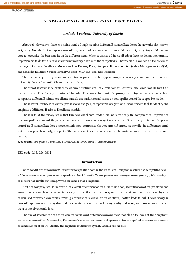 (PDF) A Comparison of Business Excellence Models