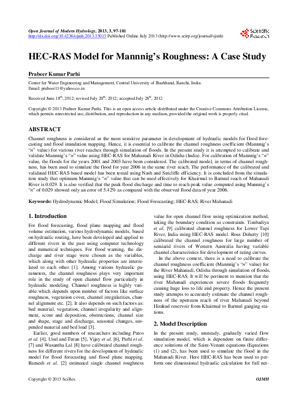 (PDF) HEC-RAS Model for Mannnig’s Roughness: A Case Study