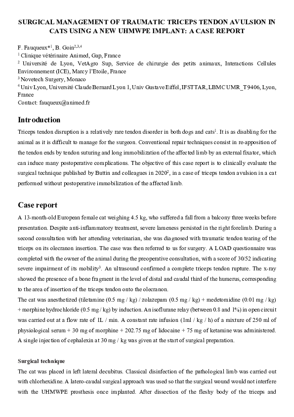 (PDF) Surgical management of traumatic triceps tendon avulsion in cats ...