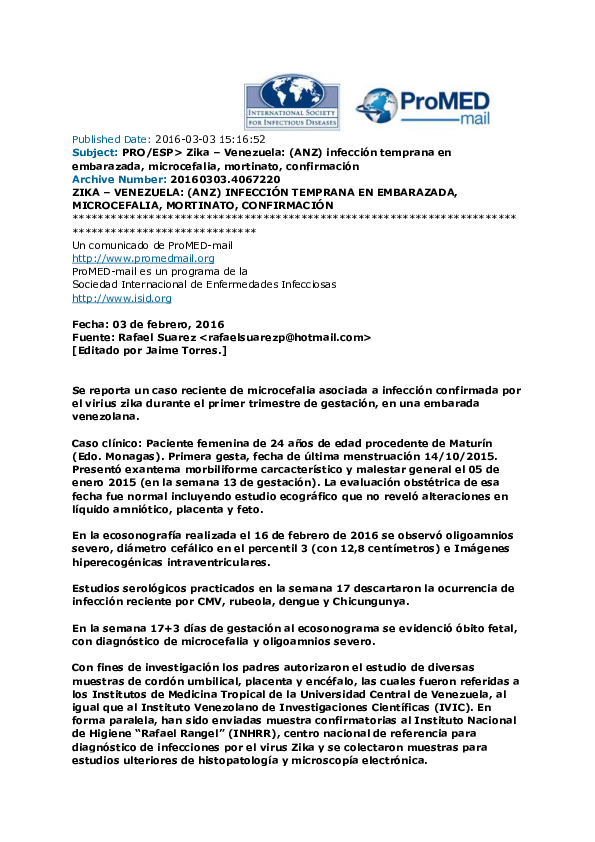 (PDF) ZIKA – VENEZUELA: INFECCIÓN TEMPRANA EN EMBARAZADA, MICROCEFALIA ...
