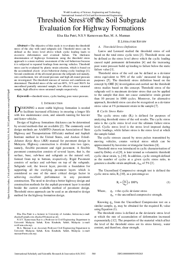 (PDF) Threshold Stress of the Soil Subgrade Evaluation for Highway Formations