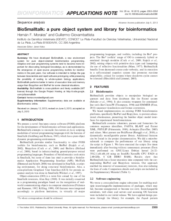 (PDF) BioSmalltalk: a pure object system and library for bioinformatics