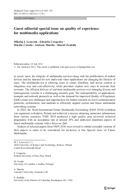 (PDF) Guest editorial special issue on quality of experience for ...
