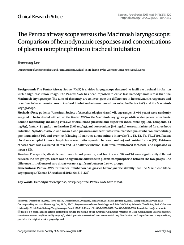 (PDF) The Pentax airway scope versus the Macintosh laryngoscope ...