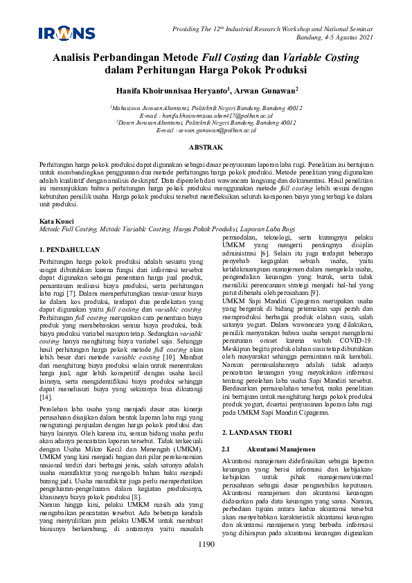 (PDF) Analisis Perbandingan Metode Full Costing dan Variable Costing ...