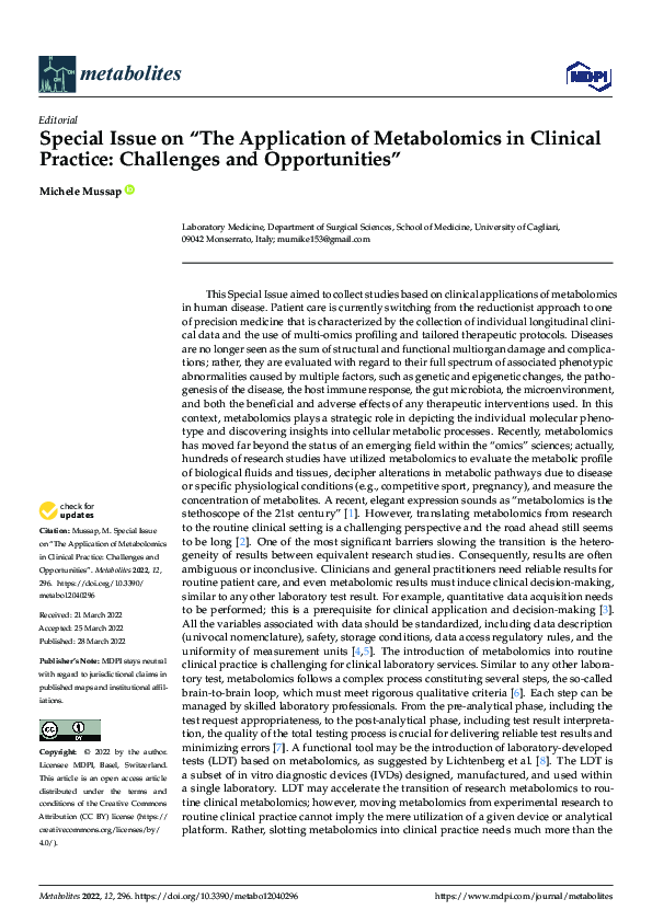 (PDF) Special Issue on “The Application of Metabolomics in Clinical ...