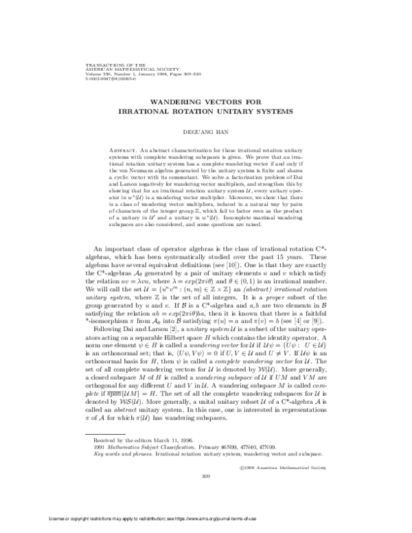 (PDF) Wandering vectors for irrational rotation unitary systems