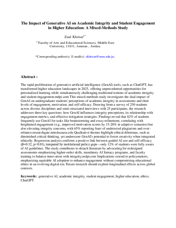 (PDF) The Impact of Generative AI on Academic Integrity and Student ...