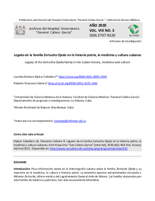 (PDF) Legado de la familia Zertucha Ojeda en la historia patria, la medicina y cultura cubanas