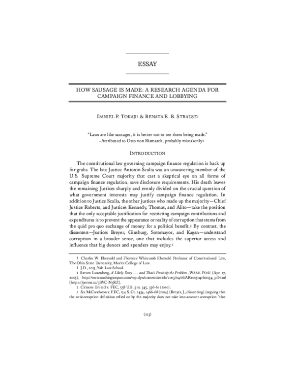 (PDF) How Sausage Is Made: A Research Agenda for Campaign Finance and ...