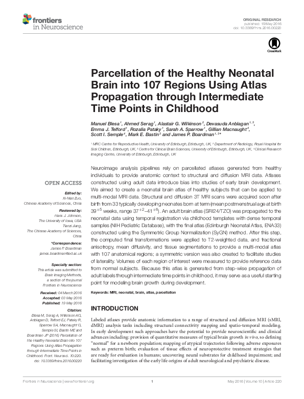 (PDF) Parcellation of the Healthy Neonatal Brain into 107 Regions Using ...