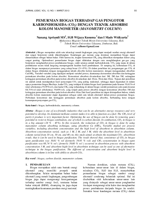 (PDF) Pemurnian Biogas Terhadap Gas Pengotor Karbondioksida (Co 2 ...