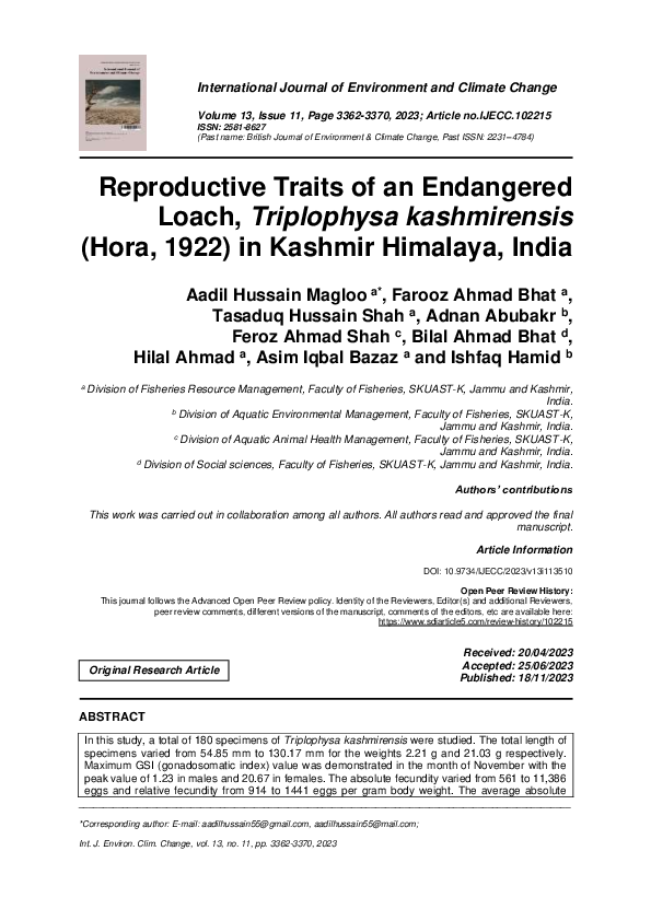 (PDF) Reproductive Traits of an Endangered Loach, Triplophysa ...