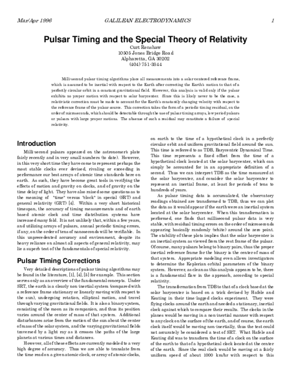 (PDF) Pulsar timing and the special theory of relativity