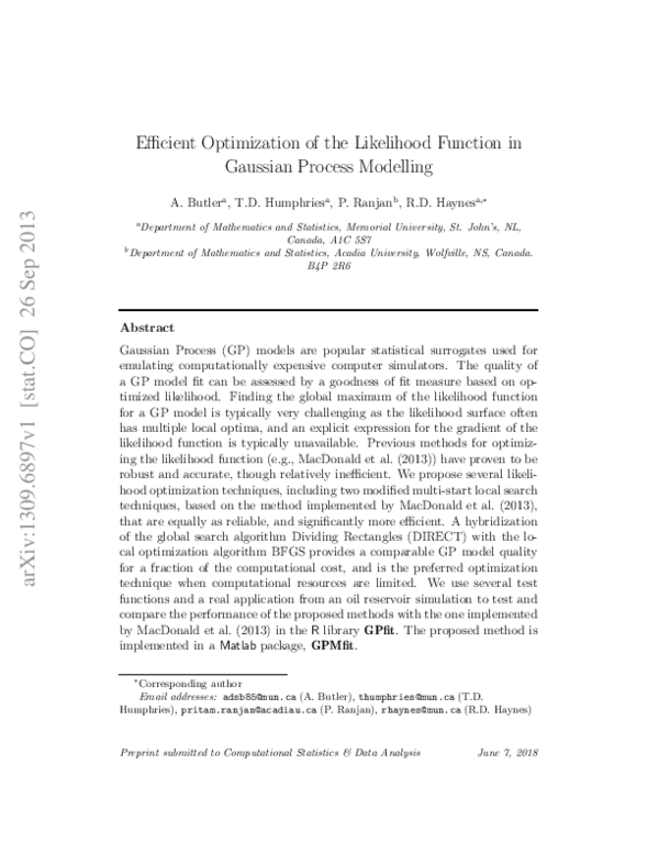 (PDF) Efficient Optimization of the Likelihood Function in Gaussian Process Modelling