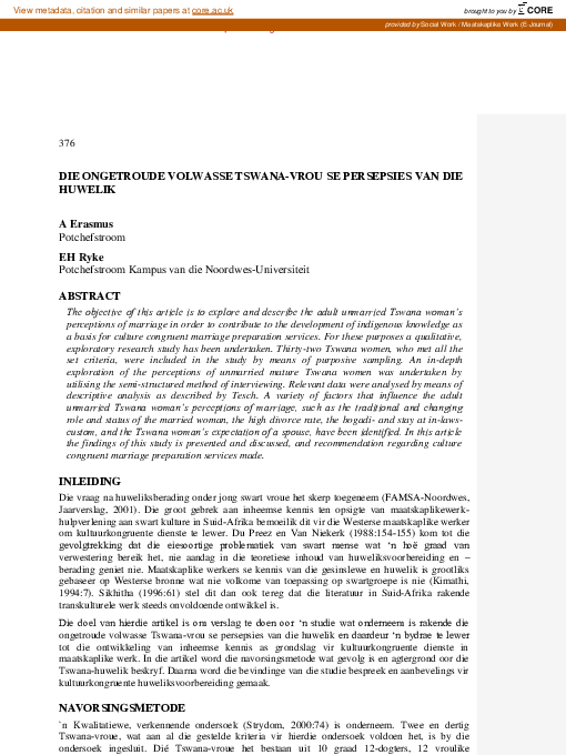 (PDF) Die Ongetroude Volwasse Tswana-Vrou Se Persepsies Van Die Huwelik